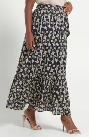 ESTELLE Sea Lily Belted Tiered Cotton Maxi Skirt