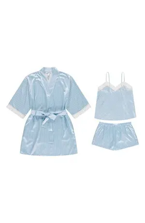 Flora Nikrooz Sabrina Bow Print Satin Short Pajamas & Robe Set - Soft Blue