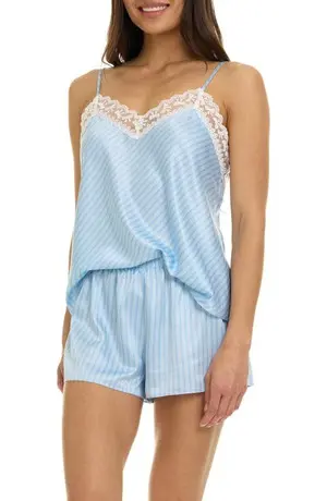 Flora Nikrooz Sabrina Bow Print Satin Short Pajamas & Robe Set - Soft Blue