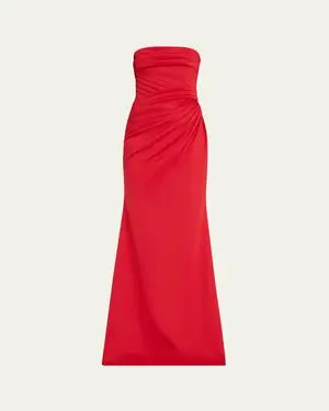 Badgley Mischka Strapless Pleated A-line Gown - Deep Red