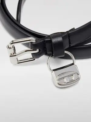 DIESEL® Leather Belt With Silver Tone Logo Charm