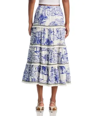 Aqua City Palm Toile Fringe Skirt