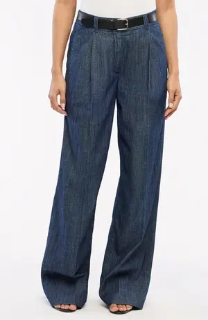 Another Tomorrow Chambray Wide Leg Pants - Dark Blue