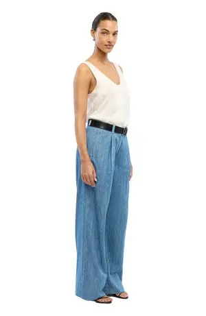 Another Tomorrow Chambray Wide Leg Pants - Medium Blue