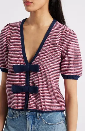 525 America 525 Elaine Bow Front Puff Sleeve Cardigan - Tomato Multi