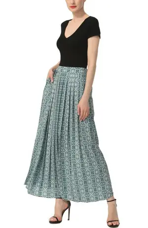 KIMI + KAI Print Box Pleat Maxi Skirt - Teal
