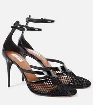 Alaïa Infradito 90 Fishnet Patent Leather Pumps - Black