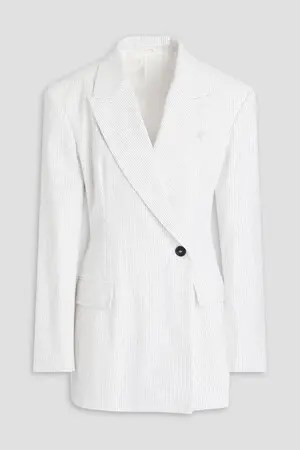 Brunello Cucinelli Pinstriped Linen-blend Blazer With Bead Embellishments - White