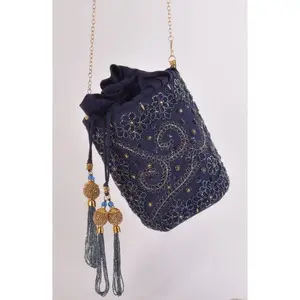 RAAS Embroidered Bucket Bag With Metallic Chain - Blue
