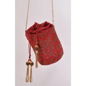 RAAS Embroidered Bucket Bag With Metallic Chain - Red
