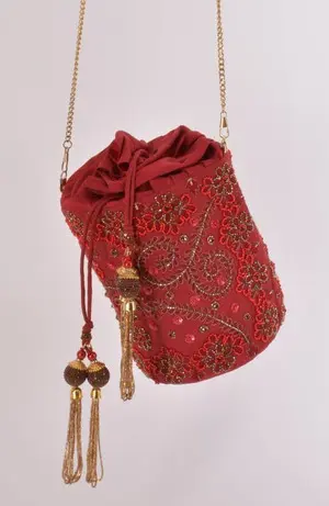 RAAS Embroidered Bucket Bag With Metallic Chain - Red