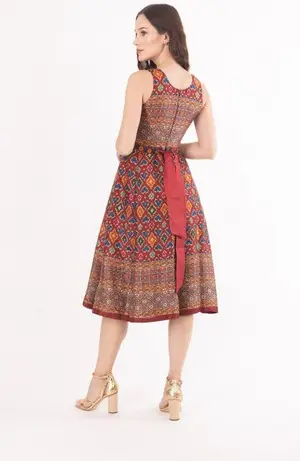RAAS Russet Ajrakh Print Midi Dress With Embroidered Belt