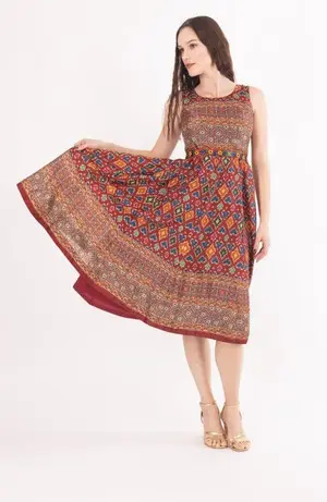 RAAS Russet Ajrakh Print Midi Dress With Embroidered Belt