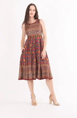 RAAS Russet Ajrakh Print Midi Dress With Embroidered Belt