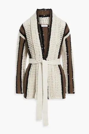 Brunello Cucinelli Embellished Striped Cardigan - Beige
