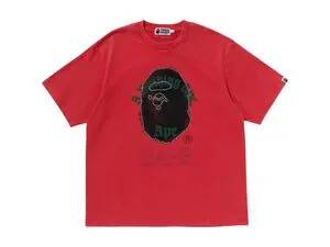 A BATHING APE Garment Dye Rhinestone Ape Head Relaxed Fit Tee Shirt - Red