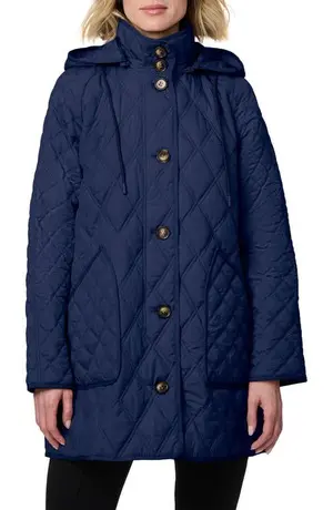 Bernardo Diamond Quilted Hooded Liner Jacket - Navy