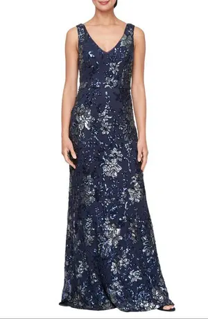 Alex Evenings Sequin Floral A-line Gown