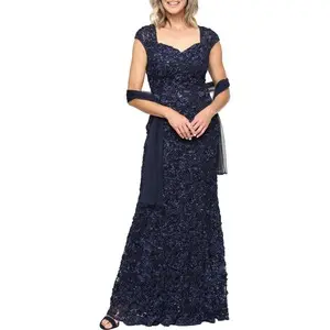 Alex Evenings Soutache Mermaid Gown With Shawl - Navy