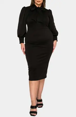 L I V D Anastasia Tie Neck Long Sleeve Dress - Black