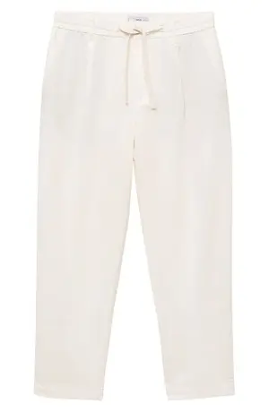Mango Slim Fit Linen & Cotton Drawstring Pants - White