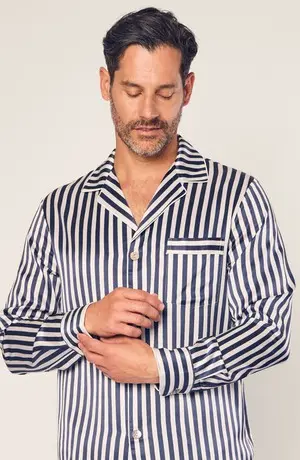 PETITE PLUME Bengal Stripe Mulberry Silk Pajamas - Navy