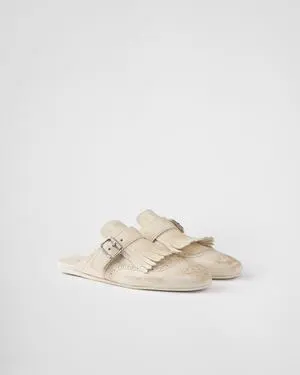 Prada Shuffle Fringed Leather Mules - Chalk White