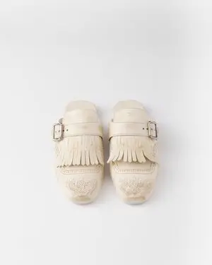 Prada Shuffle Fringed Leather Mules - Chalk White