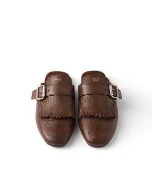 Prada Shuffle Fringed Leather Mules - Brown