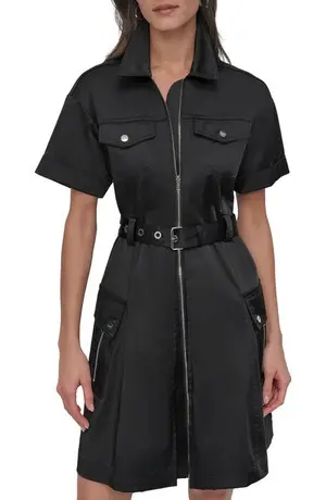 Dkny Front Zip Shirt Dress - Black