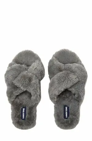 LANDS' END Fluffy Slide House Slippers - Dark Gray