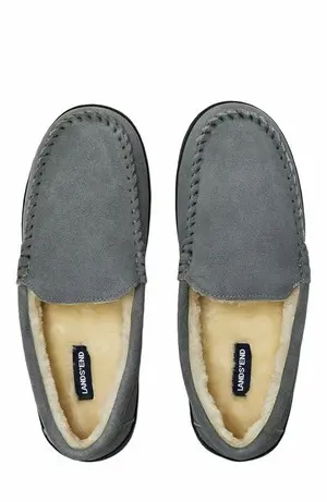 LANDS' END Fuzzy Lined Suede Moccasin Slippers - Castle Rock Suede