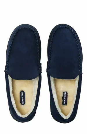 LANDS' END Fuzzy Lined Suede Moccasin Slippers - Radiant Navy Suede