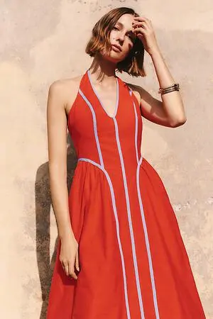 Halter V-Neck Fit & Flare Midi Dress by Anthropologie in Red, Size: XXS