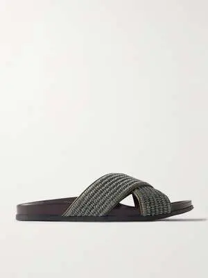 Manolo Blahnik Chiltern Raffia Slides Dark Green