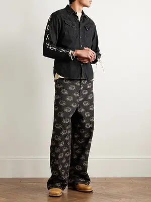 Kapital Slim-fit Leather-trimmed Lace-up Denim Shirt