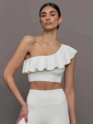 Carbon38 Ruffle One Shoulder Bra In Diamond Compression - Cloud Dancer