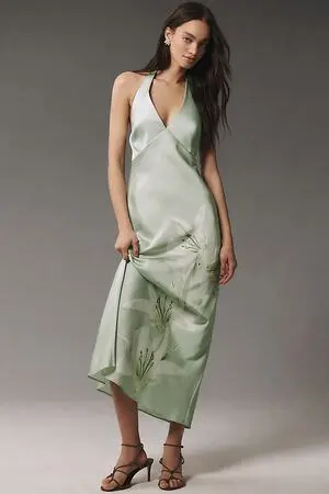 Bhldn Tessa Halter V-Neck High-Shine Satin Maxi Dress In Green Lily - 31%  Off | Editorialist