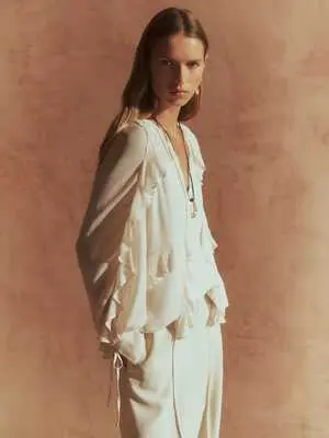 REISS Zaria Ruffle Trim Tie Neck Top