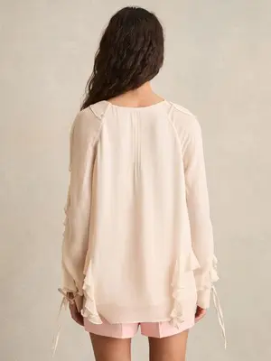 REISS Zaria Ruffle Trim Tie Neck Top