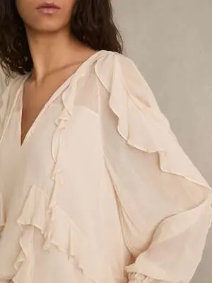 REISS Zaria Ruffle Trim Tie Neck Top