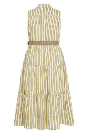 City Chic Clean Lines Belted Midi Shirtdress - Moss Stripe
