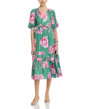 T Tahari Short Sleeve V Neck Fit And Flare Dress - Pink Bouquet Garden