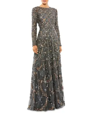 Mac Duggal Embellished Illusion High Neck A-line Gown - Charcoal
