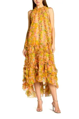 Mac Duggal Sleeveless Floral Micro Ruffle Gown - Mango Multi