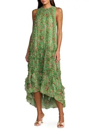 Mac Duggal Mac Duggal Floral Appliqué Tiered Ruffle High-Low Midi Dress Sage Multi
