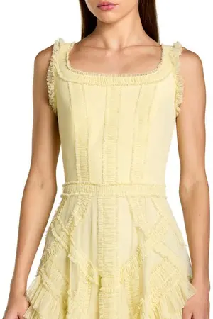 Mac Duggal Scoop Neck Sleeveless Ruffle Midi Dress - Buttercup