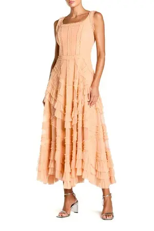 Mac Duggal Mac Duggal Scoop Neck Sleeveless Ruffle Midi Dress Peach