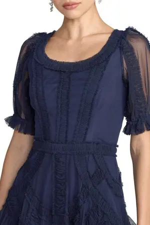 Mac Duggal Short Sleeve Mesh Ruffle Midi Dress - Indigo