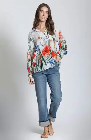 APNY Print Popover Top - Red Blue Multi